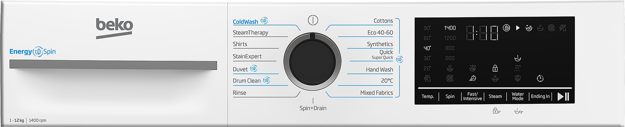 Freestanding 12kg 1400rpm Washing Machine with EnergySpin and IronFast ...